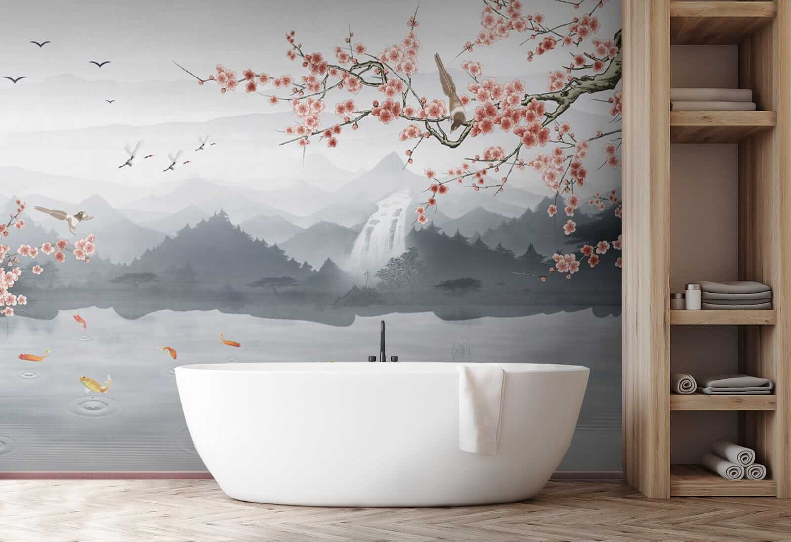 Wall Mural Photo Wallpaper Sakura on the background of the lake and ...