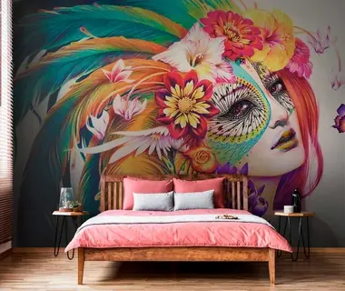 Wall mural Girl with feathers and flowers | Uwalls.com