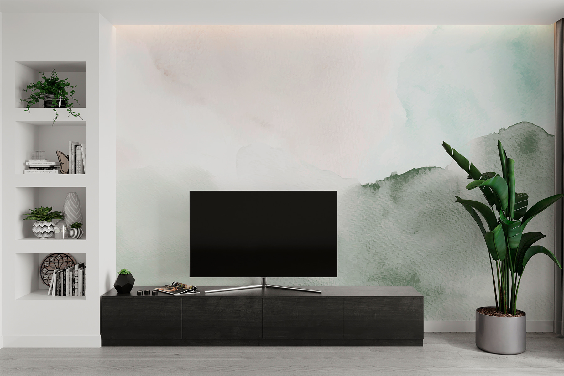 Wall mural Trendy watercolor spots decor minimalism green color ...