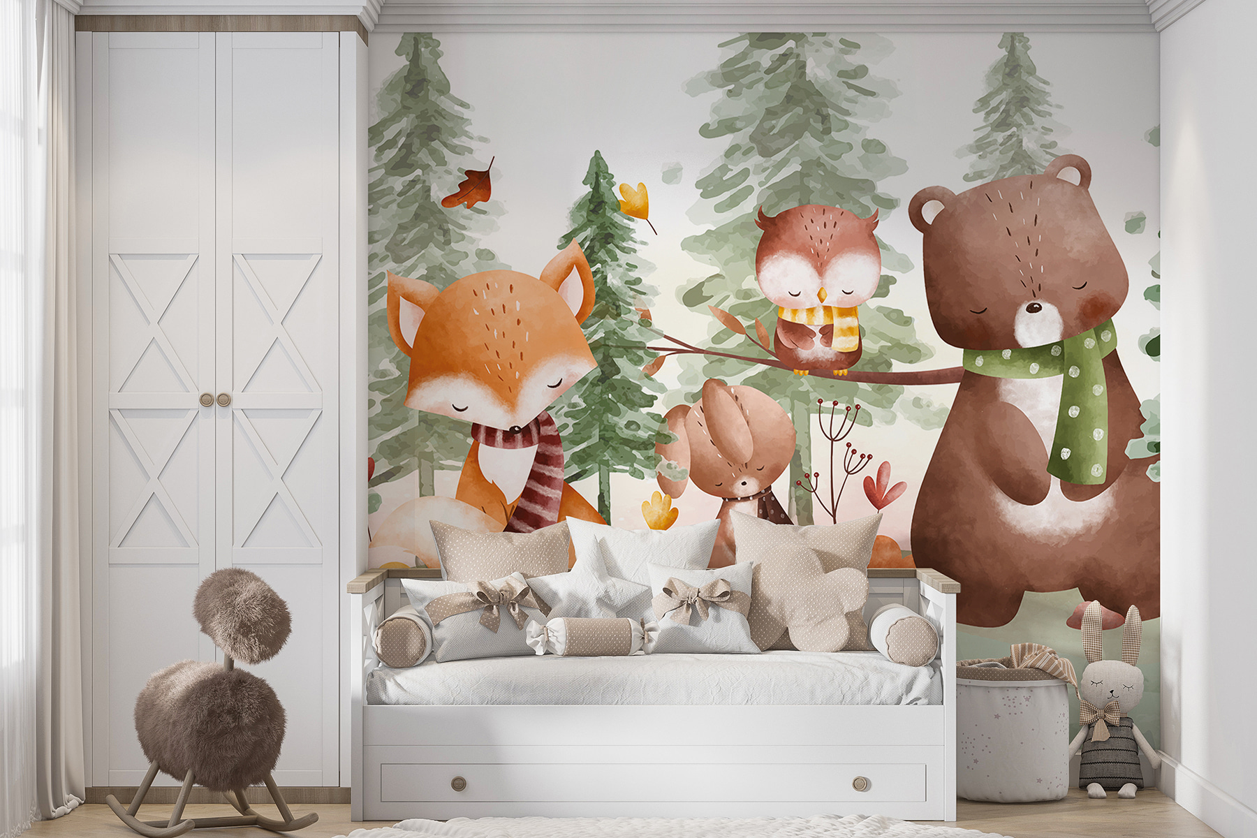 Wall mural Watercolor animals in the forest | Uwalls.com