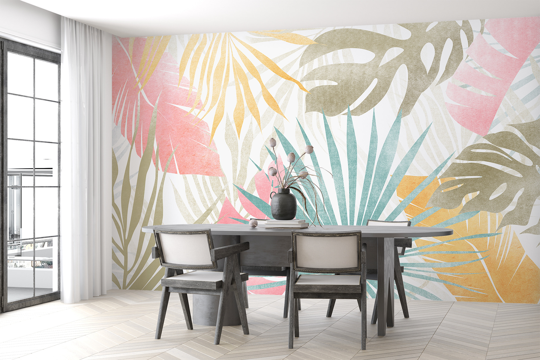 Wall mural Palm leaves, monstera, tropical foliage, texture shabby blue ...