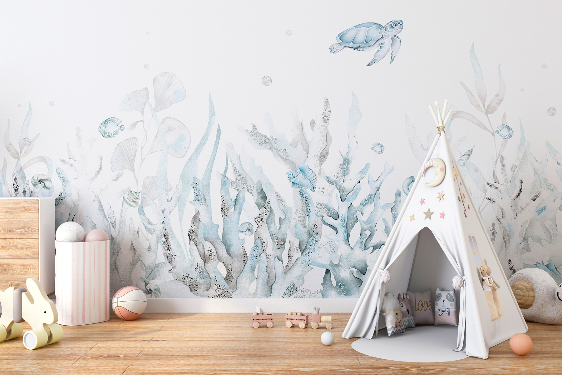 Wall mural Watercolor sea corals, seashells, turtle, marine life, soft ...
