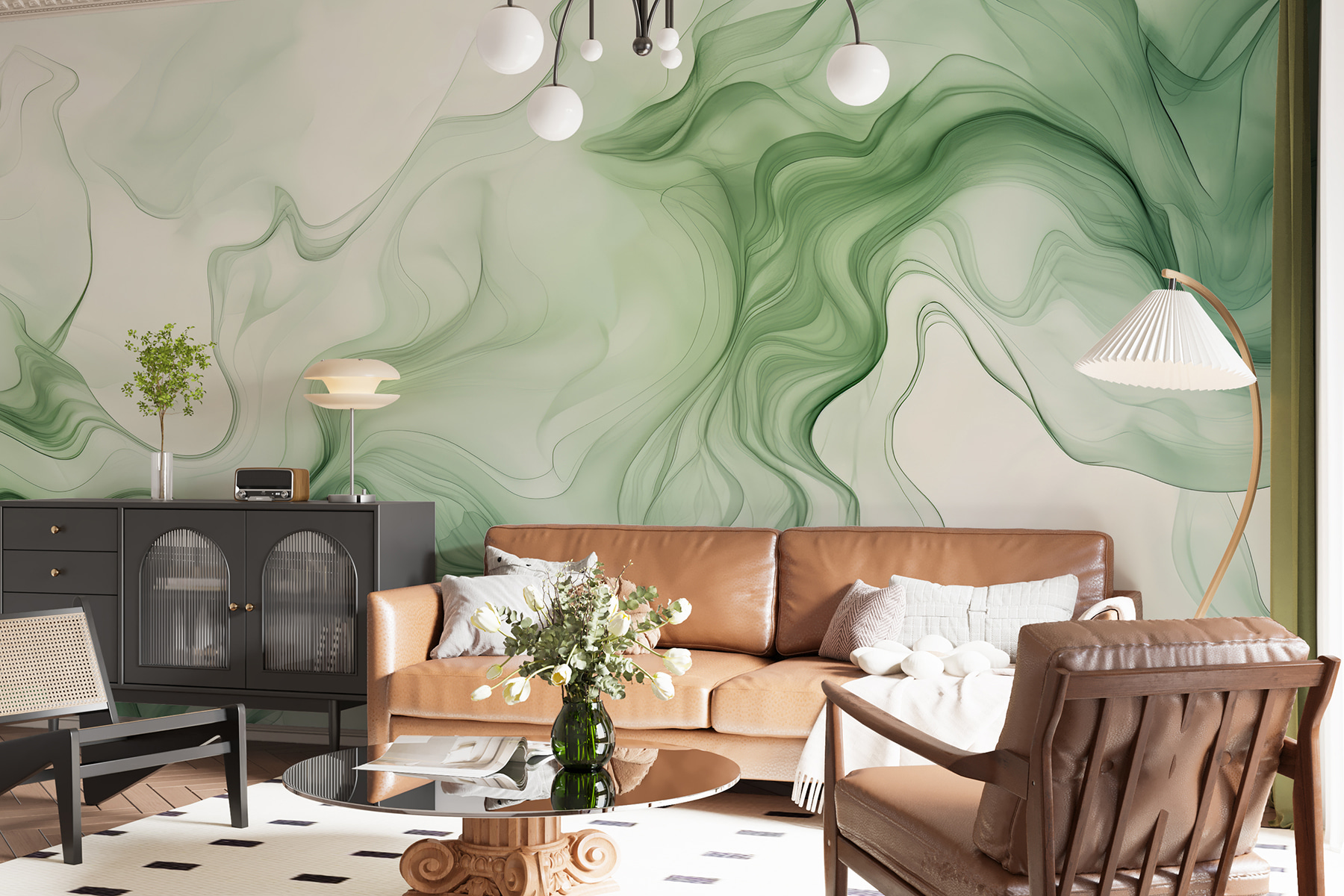 Wall Mural Photo Wallpaper 3D Panoramic green abstract waves on a light ...