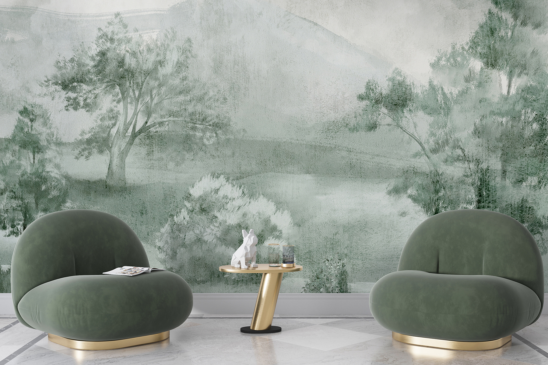 Wall mural Landscape painting of a misty countryside scene surrounded ...