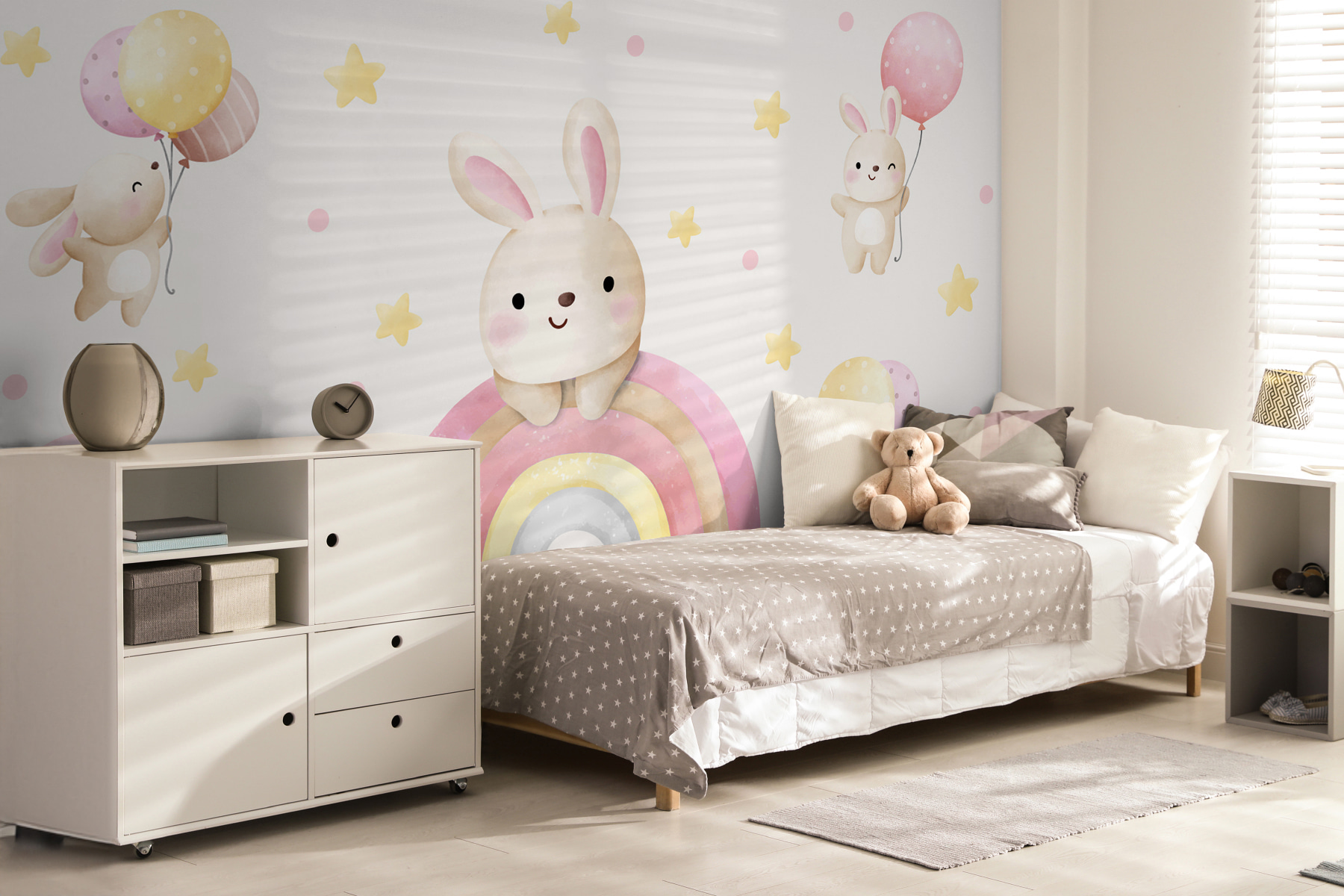 Wall Mural Photo Wallpaper bunnies with rainbow and balloons in pink ...