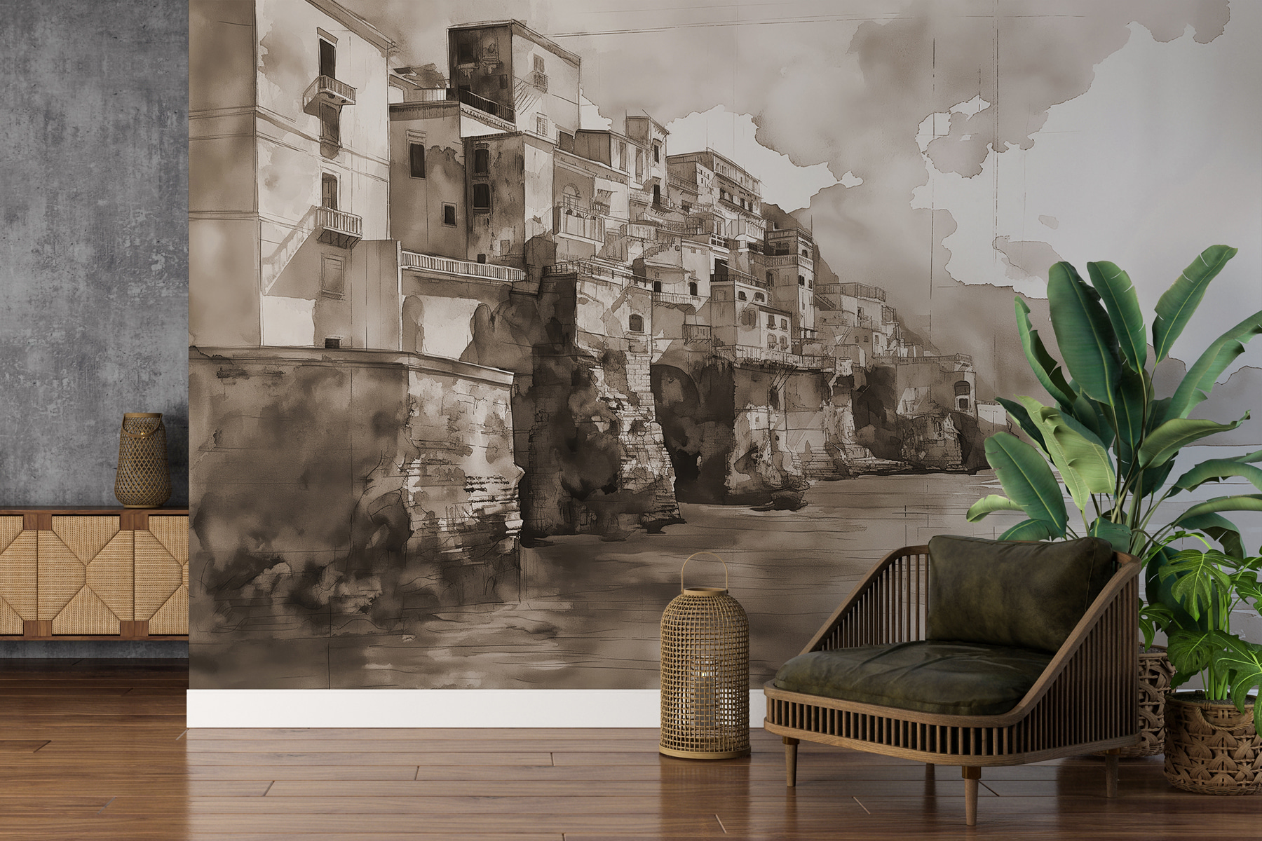 Wall mural painted watercolor city over water in brown tones | Uwalls.com