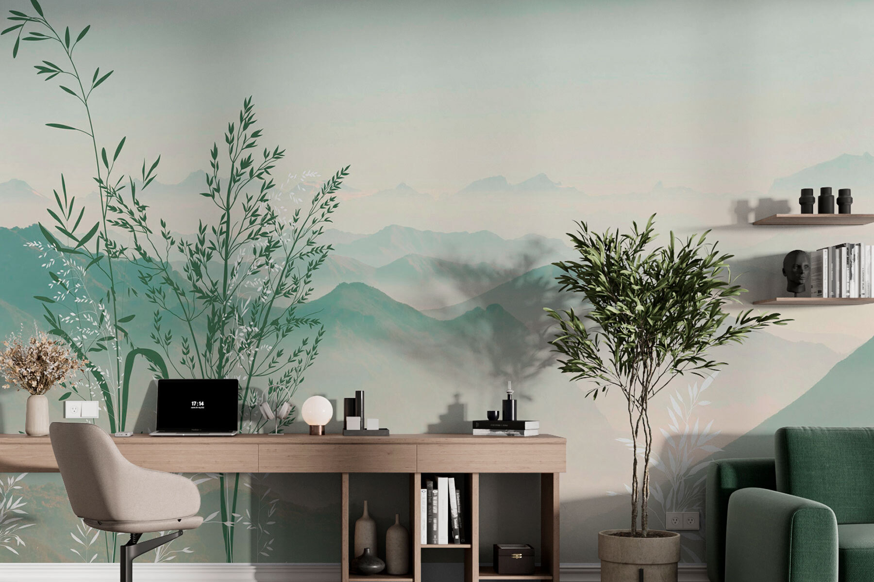 Wall mural Mountain view with plants and flowers green color | Uwalls.com