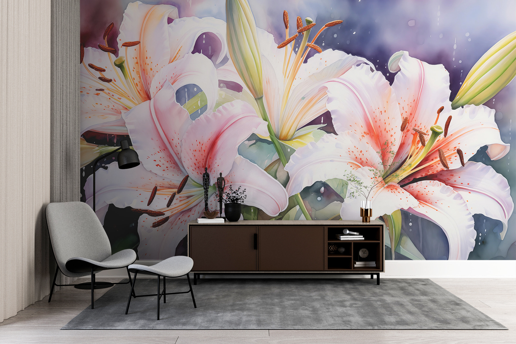 Wall Mural Photo Wallpaper White lilies on a dark background watercolor ...