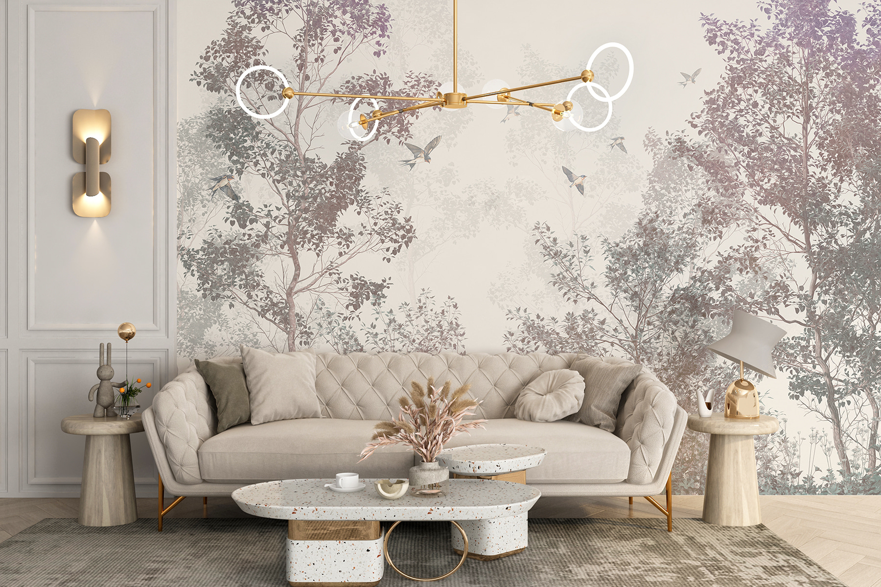 Wall mural Bare soft print beige trees with branches against a hazy ...
