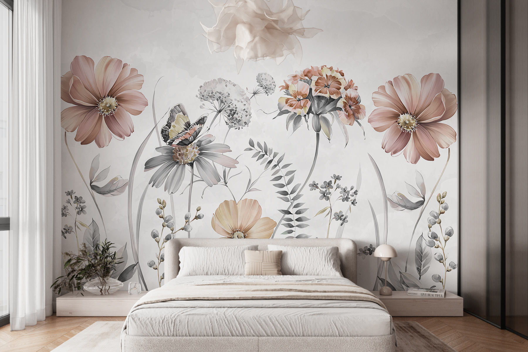 Wall Mural Photo Wallpaper Large delicate flowers and plants with ...
