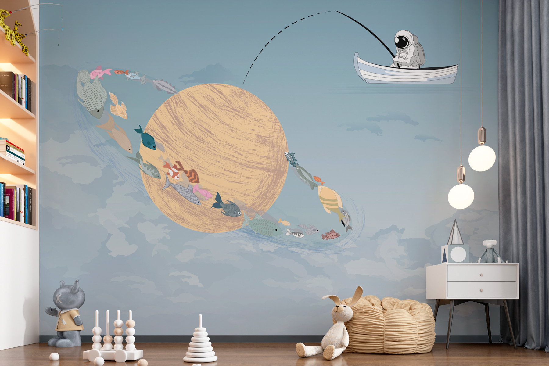 Wall mural Astronaut moon and fish in blue | Uwalls.com