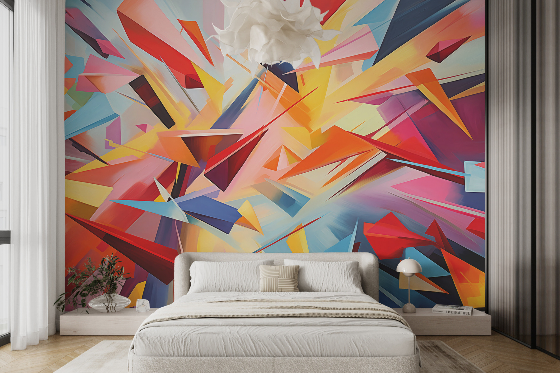 Wall mural Chaotic abstraction of geometric shapes, pink, blue, yellow ...