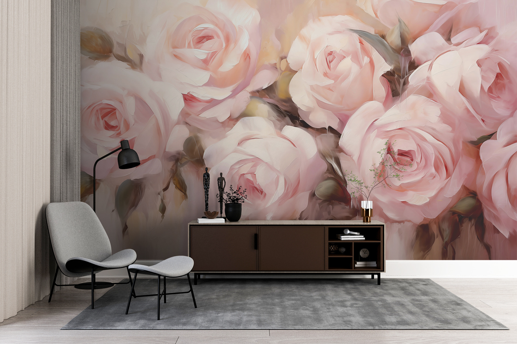 Wall mural Pink roses on pink background oil painting | Uwalls.com