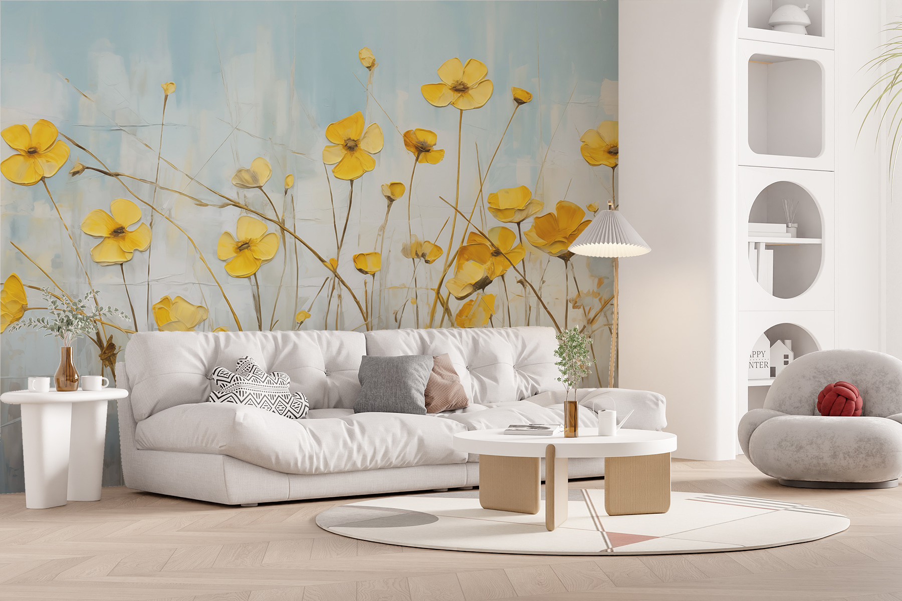 Wall mural Small yellow flowers on blue oil painting | Uwalls.com