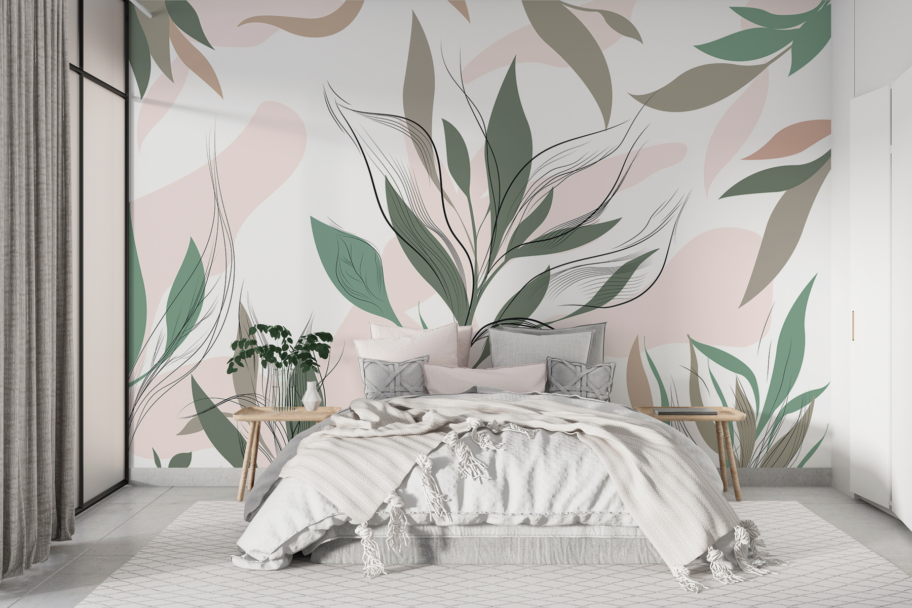 Wall mural Tropical leaves in line technique and pastel colors | Uwalls.com