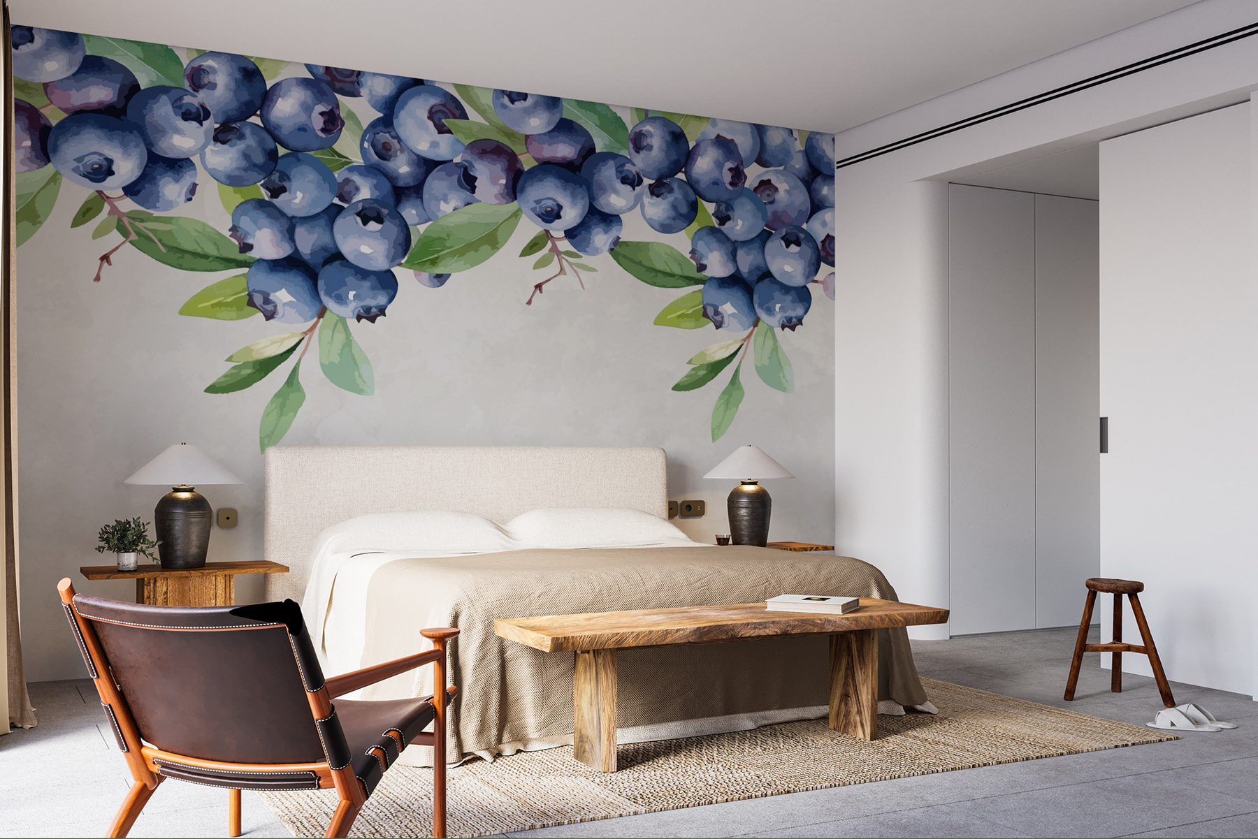 Wall mural large blueberries and leaves on a gray background | Uwalls.com