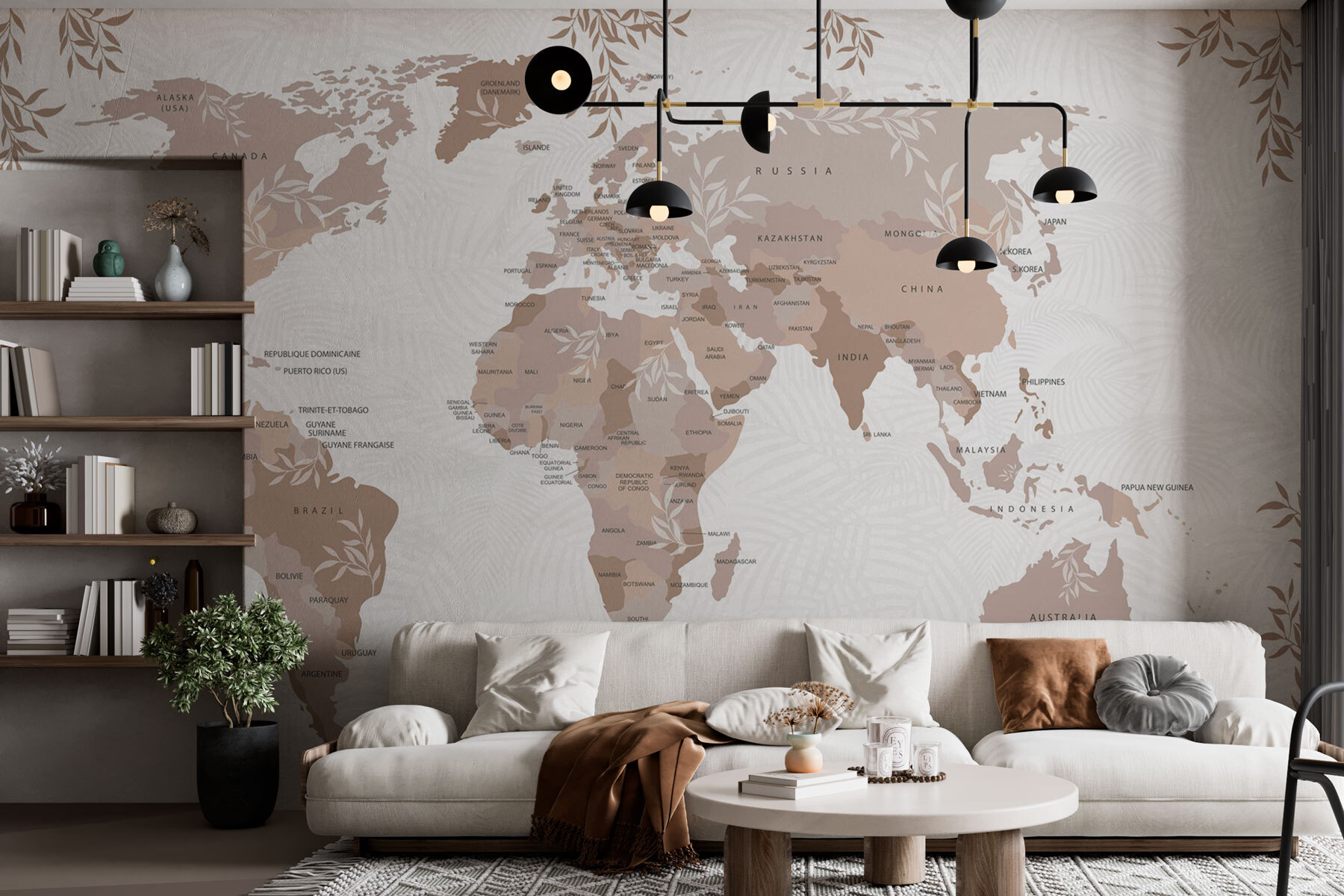 Wall mural Stylish world map with leaves and plants | Uwalls.com