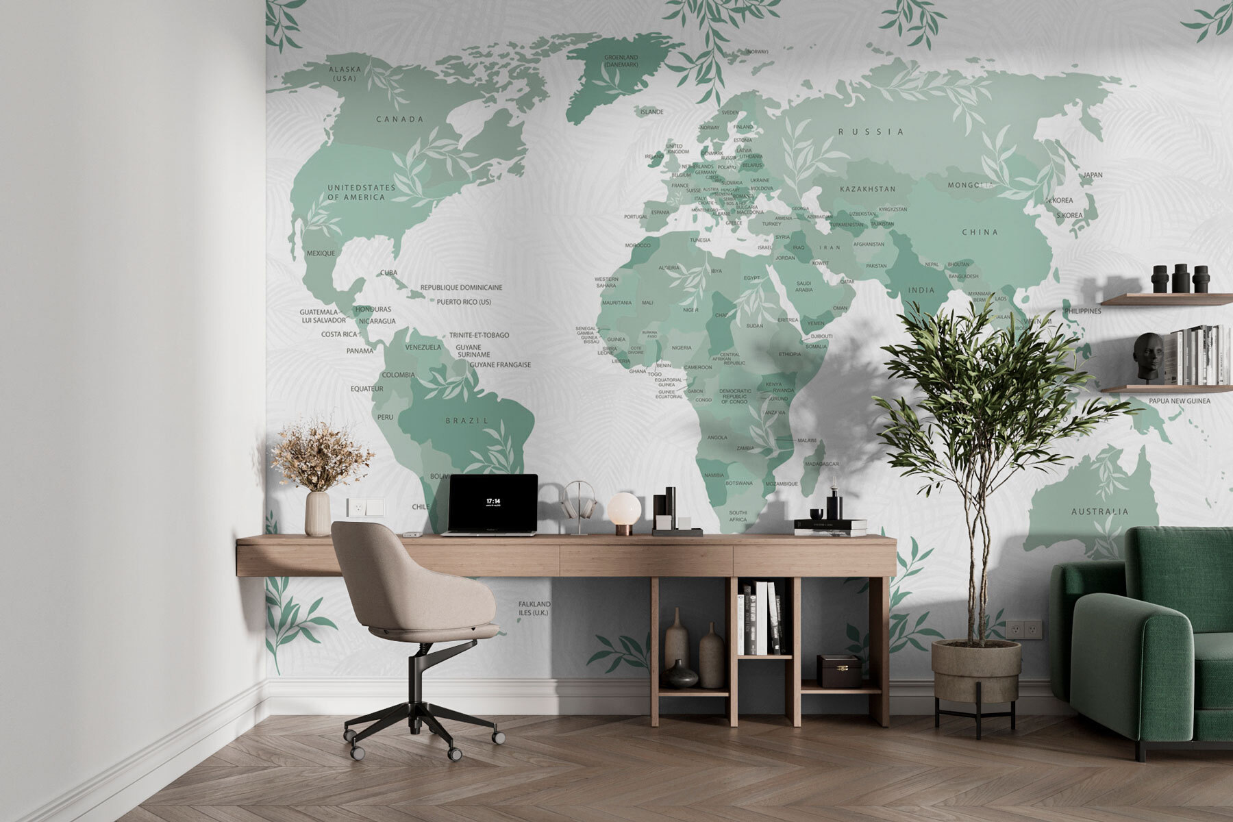 Wall mural Stylish world map with leaves and plants green color ...