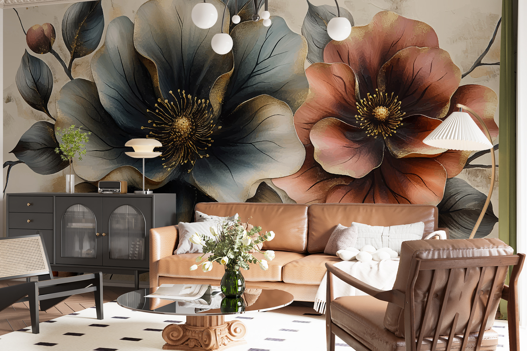 Wall mural Large flowers,beige,black,blue,light red | Uwalls.com