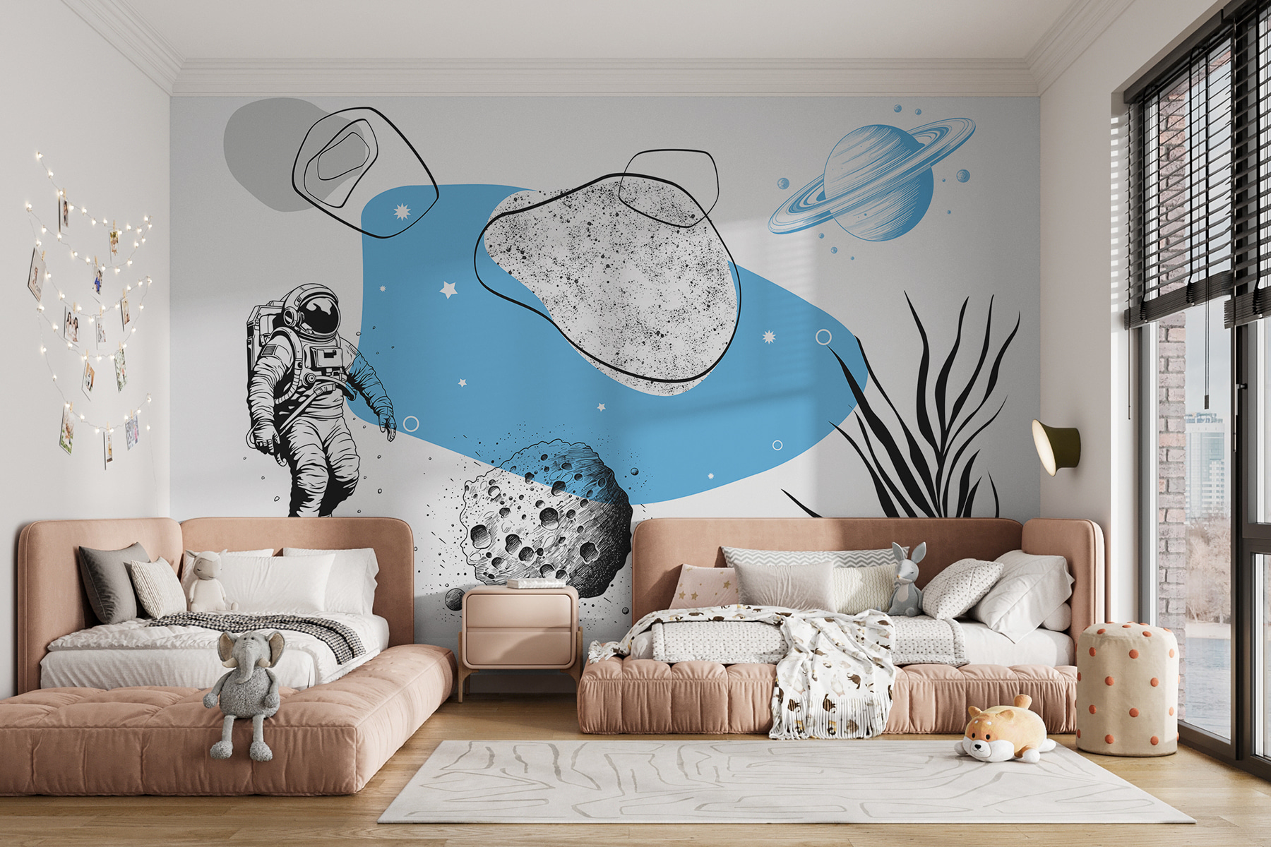 Wall Mural Photo Wallpaper Abstraction with astronaut, meteors, saturn ...