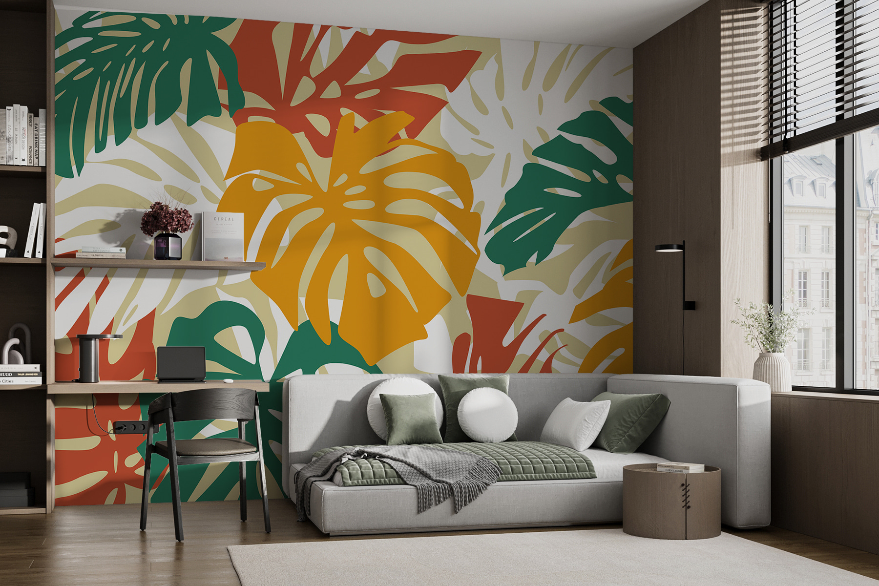 Wall mural Bright tropical monstera leaves, yellow, beige, green, red ...