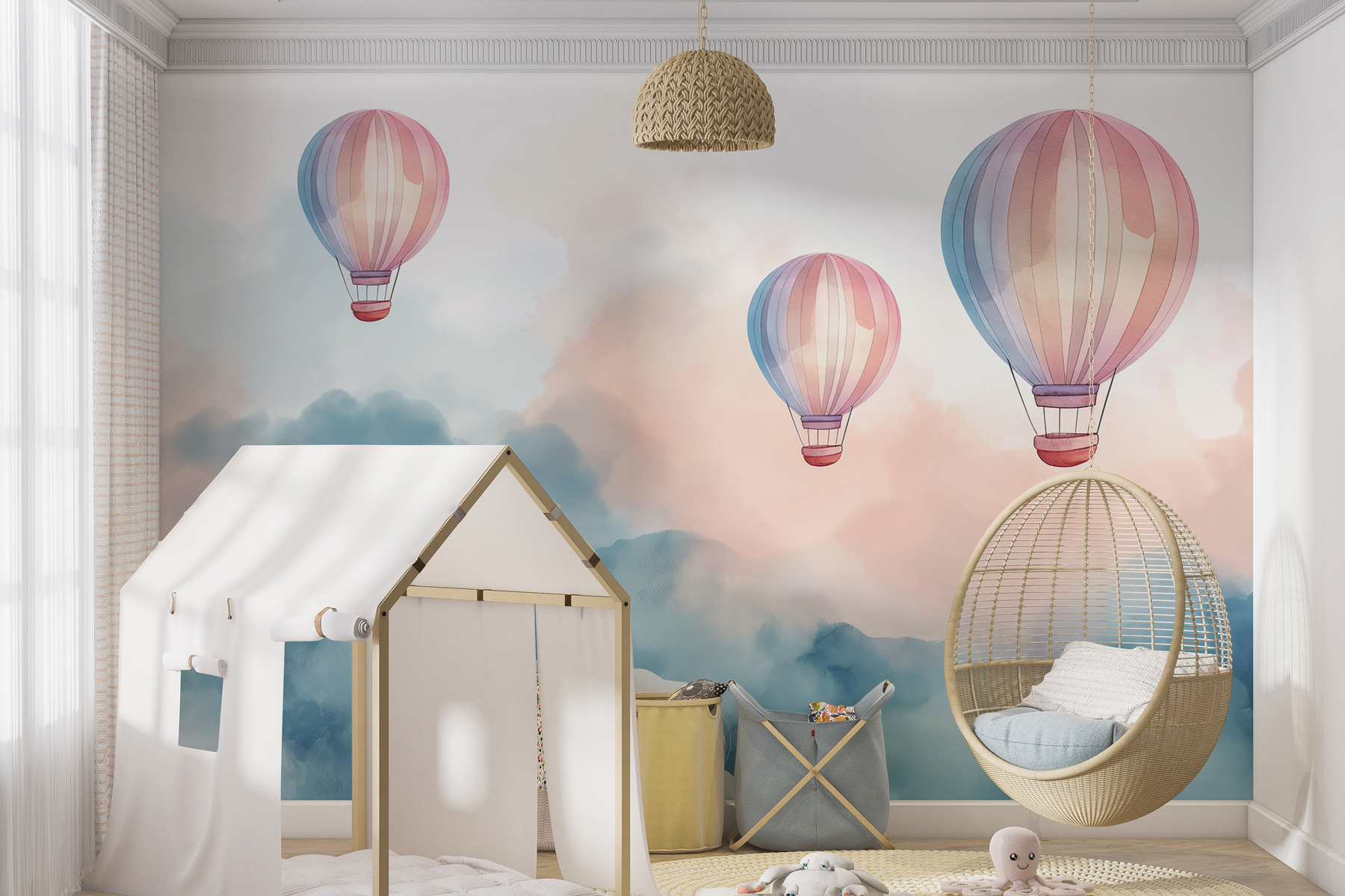 Wall mural Watercolor balloons in the clouds | Uwalls.com