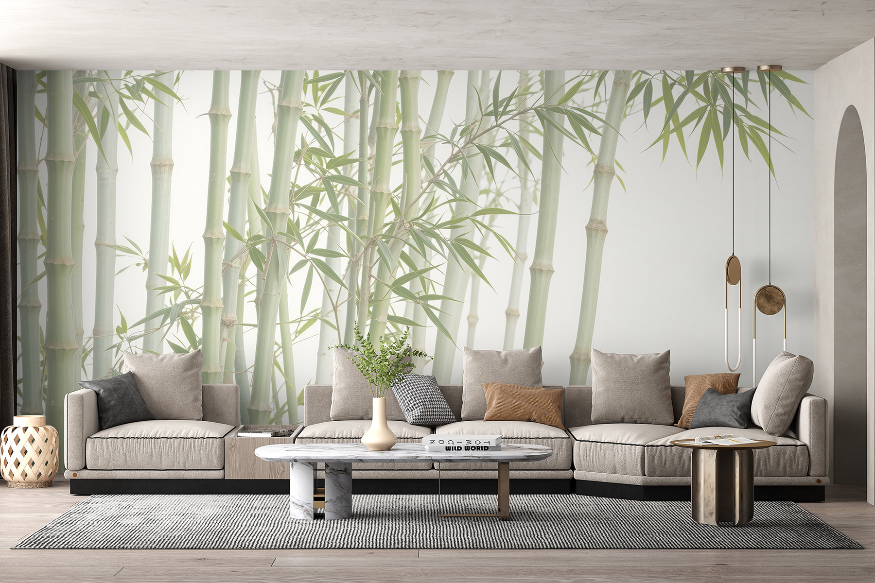 Wall mural A dense bamboo forest with tall bamboo stalks and green ...