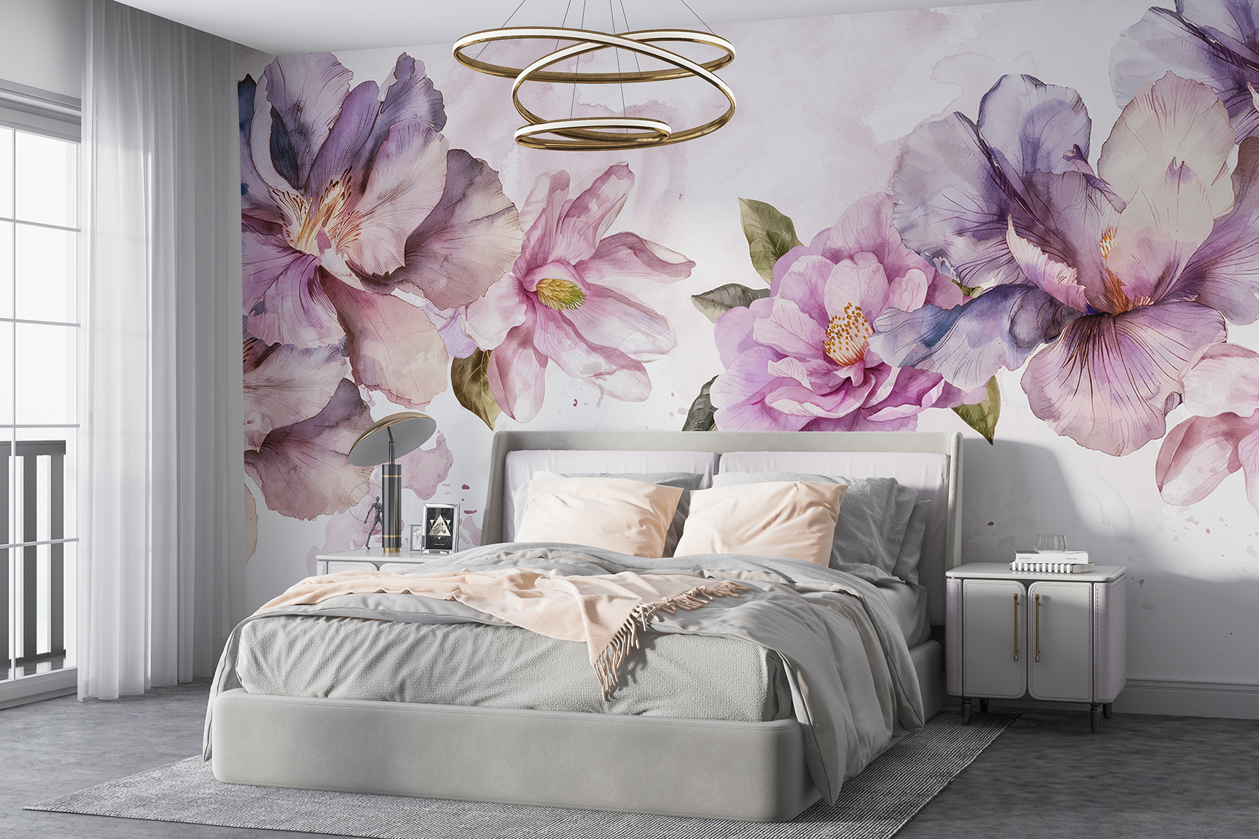 Wall mural Delicate pink and purple watercolor flowers with soft petals ...