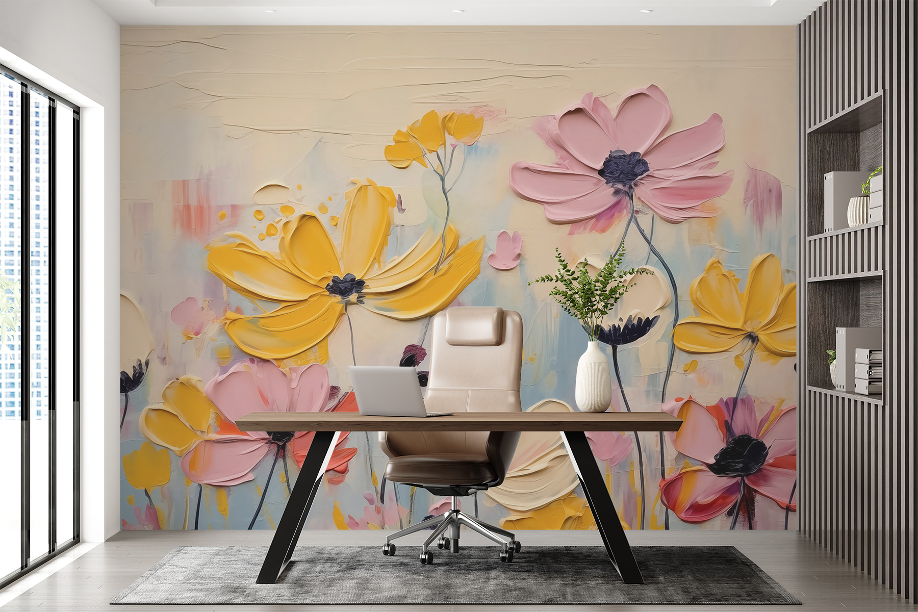 Murales Flores de primavera, imitación de pinceladas, colores amarillo ...
