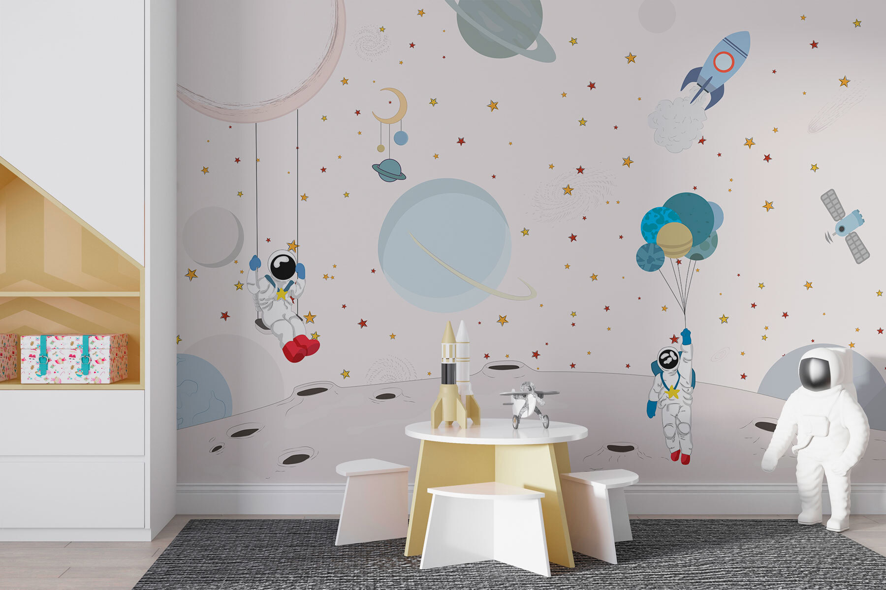 Wall mural Space design with astronauts, planets, rockets and stars ...