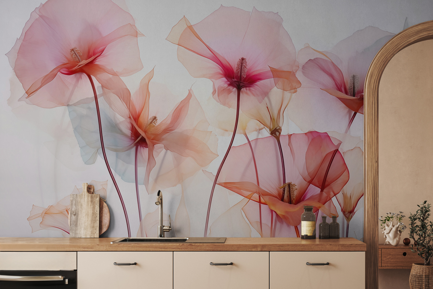 Wall Mural Peel and Stick Wallpaper Translucent flowers, wet watercolor ...