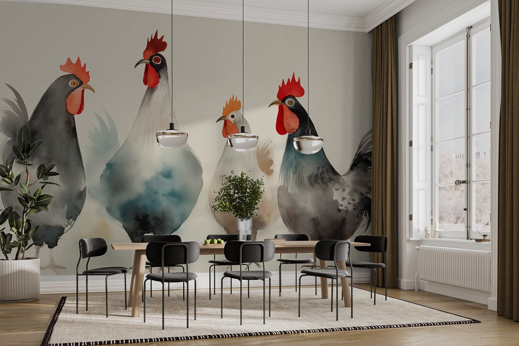 Wall Mural Peel and Stick Wallpaper Chickens and roosters in a blurred ...