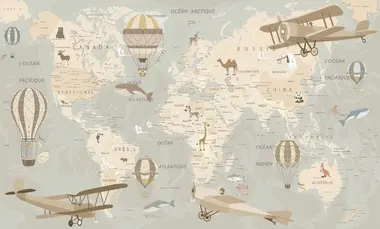 Wall mural Children's map of the world, airplanes and balloons | Uwalls.com