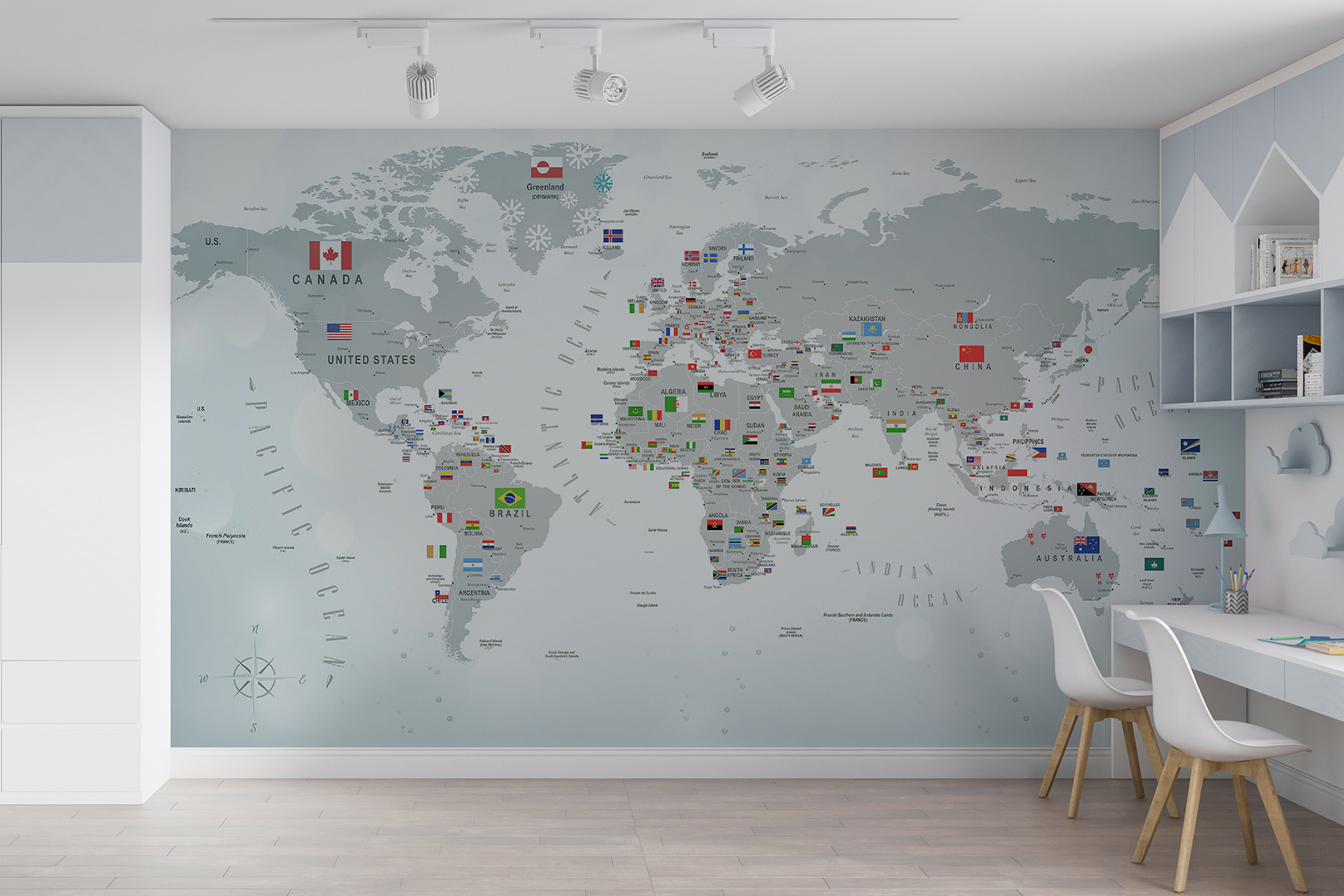 Wall Mural Photo Wallpaper World map with flags Nr. u72599 | Uwalls