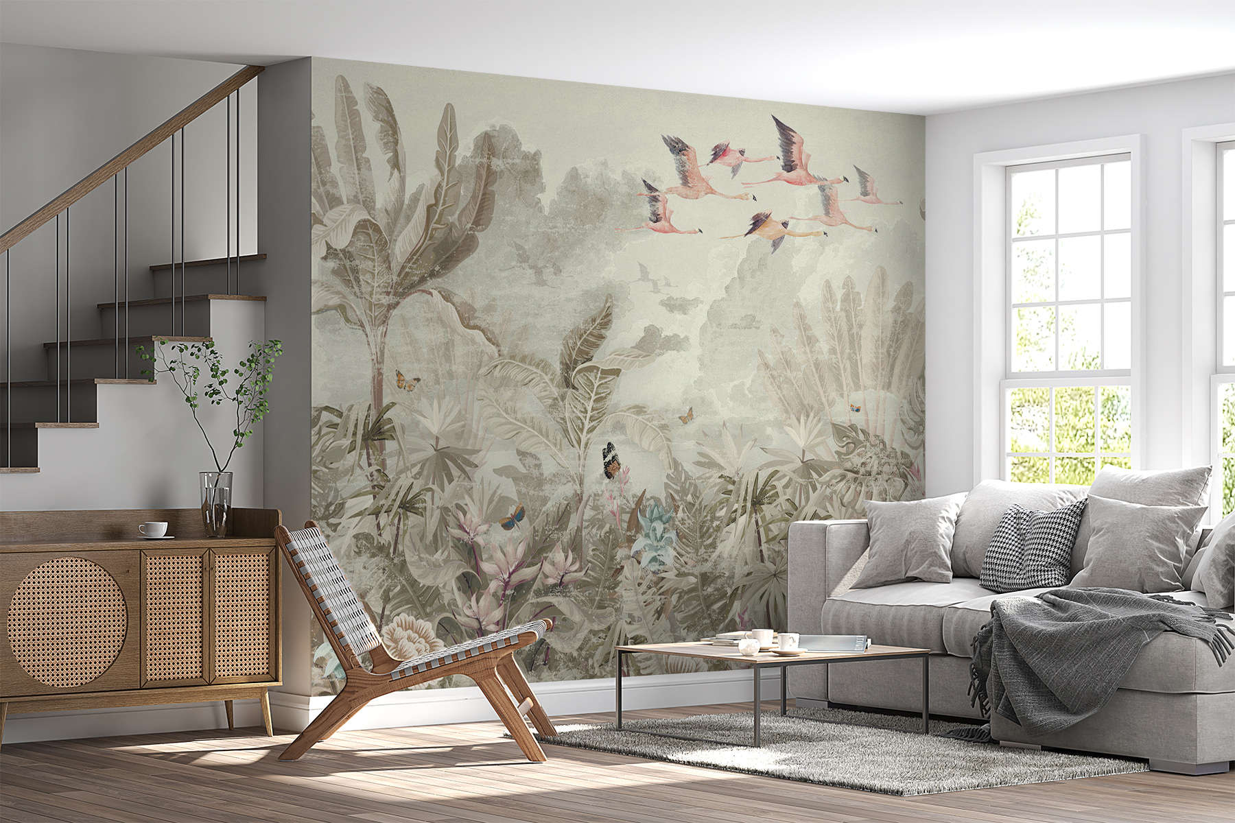 Wall Mural Photo Wallpaper Flamingos fly over the jungle Nr. u73561 ...