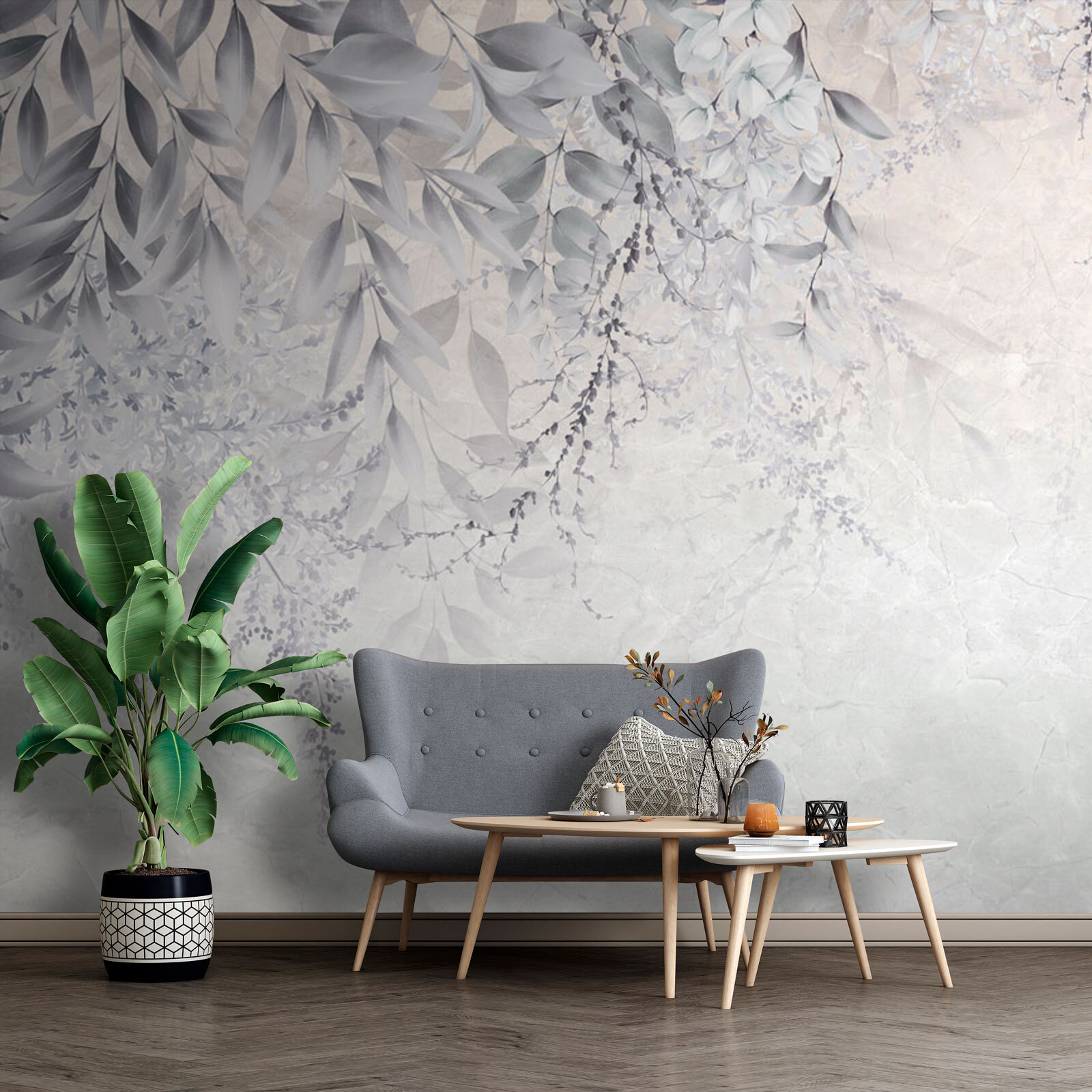 Wall mural Gray leaves with flowers | Uwalls.com