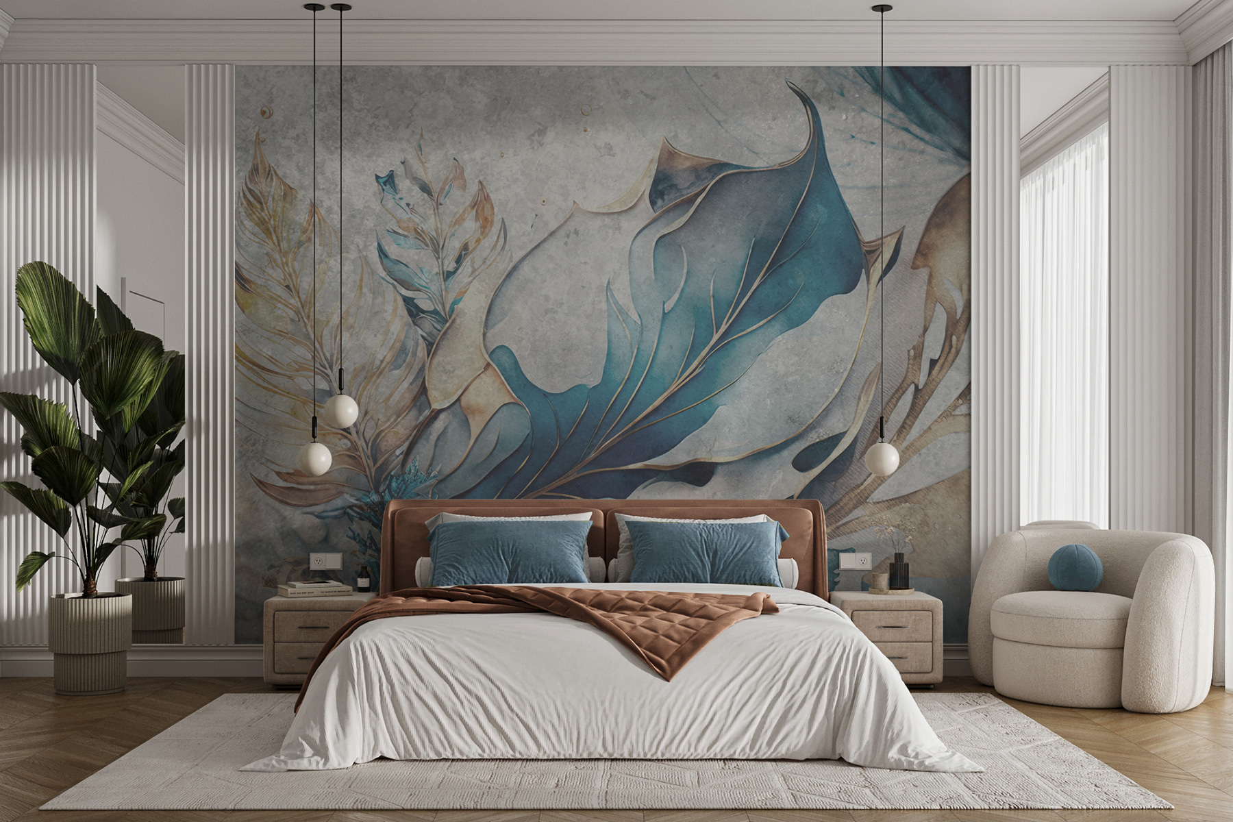 Wall Mural Photo Wallpaper Large watercolor flowers on a concrete wall ...