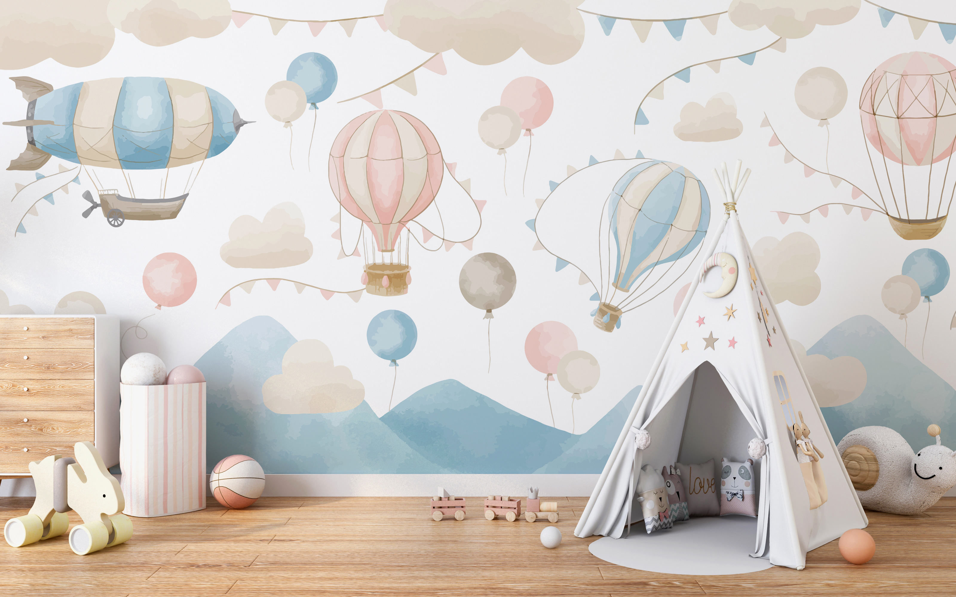 Wall Mural Photo Wallpaper Baby wallpaper with balloons and clouds Nr ...