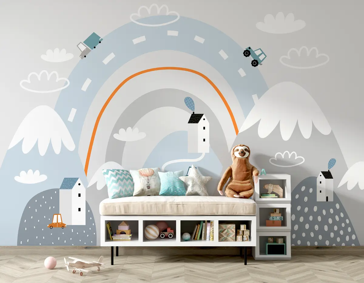 Wall mural City in the mountains, cute houses in the Scandinavian style ...