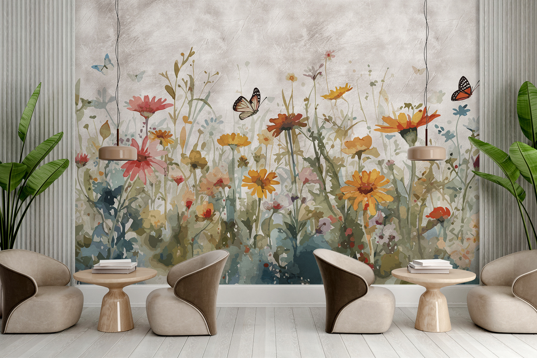 Wall Mural Photo Wallpaper Watercolor wildflowers and butterflies Nr ...