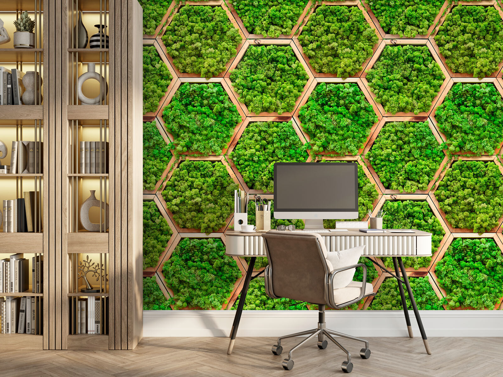 Wall Mural Photo Wallpaper Moss flower modules in hexagonal wooden ...
