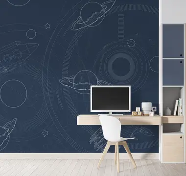 Wall mural Space illustration, planets, spaceship | Uwalls.com
