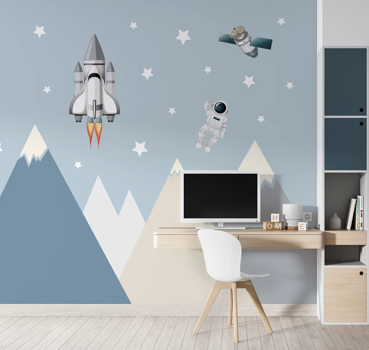 Wall mural Rocket, satellites and astronauts over mountains | Uwalls.com