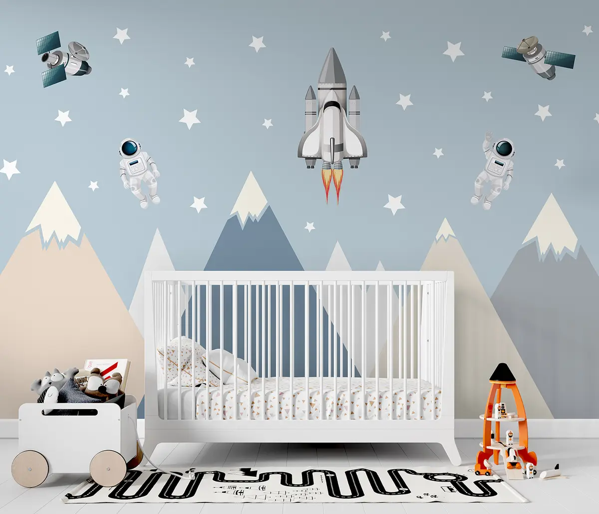 Wall mural Rocket, satellites and astronauts over mountains | Uwalls.com