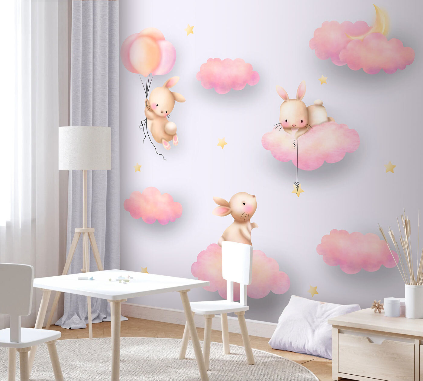 Wall mural Bunnies on the clouds in children's style | Uwalls.com