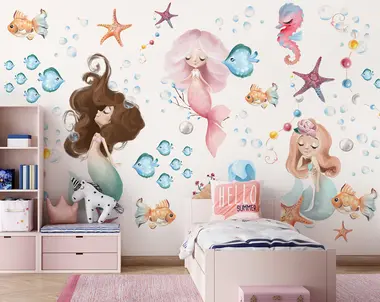 Wall mural Watercolor mermaids and fish | Uwalls.com