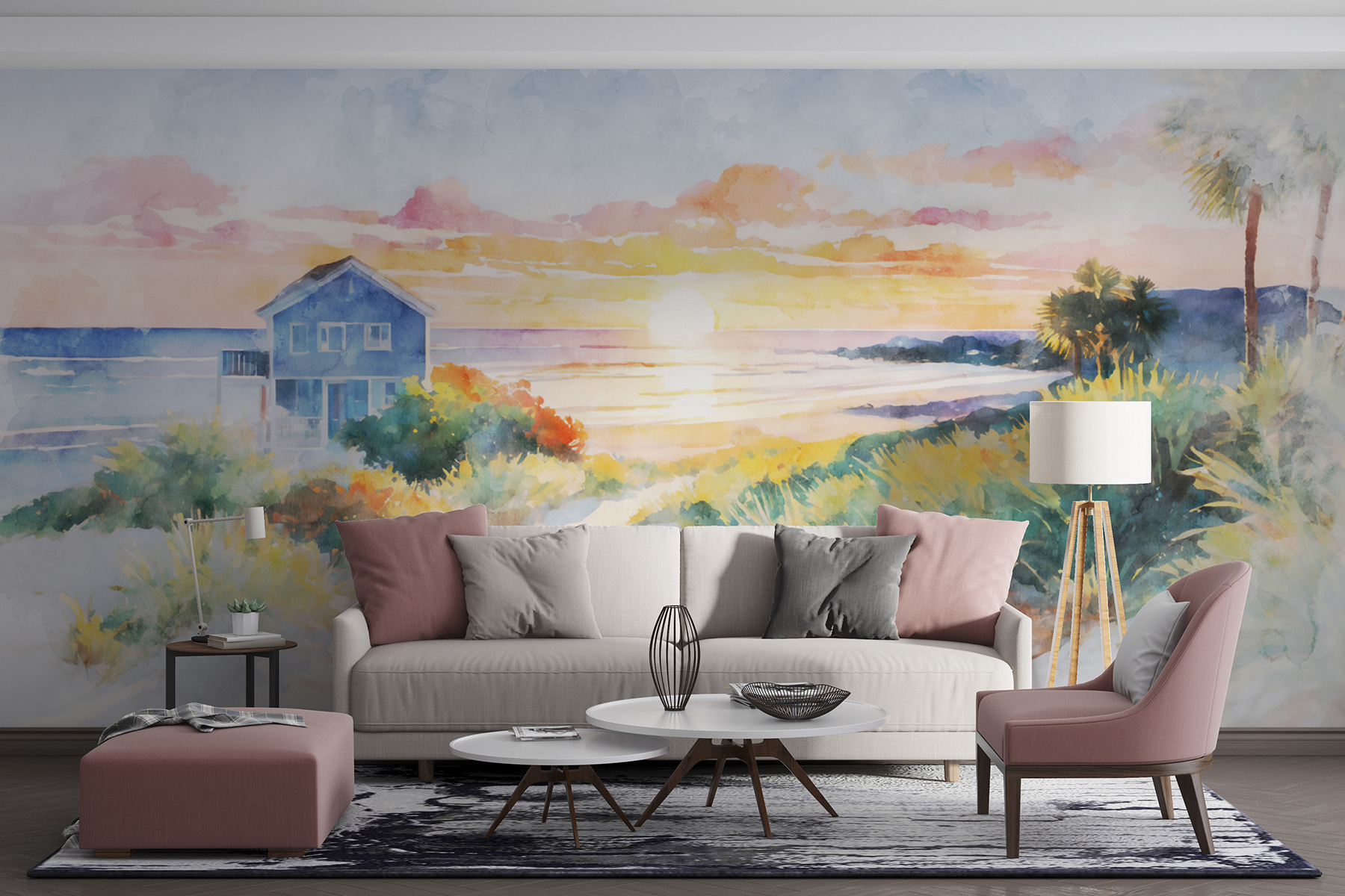 Wall Mural Photo Wallpaper Beach house in watercolor Nr. u97316 | Uwalls