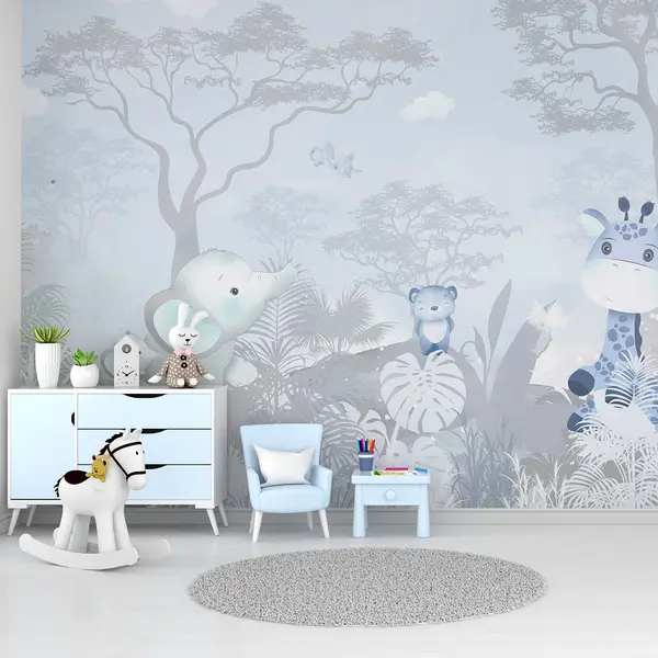 Wall Mural Photo Wallpaper Cute little animals in the savana in blue ...
