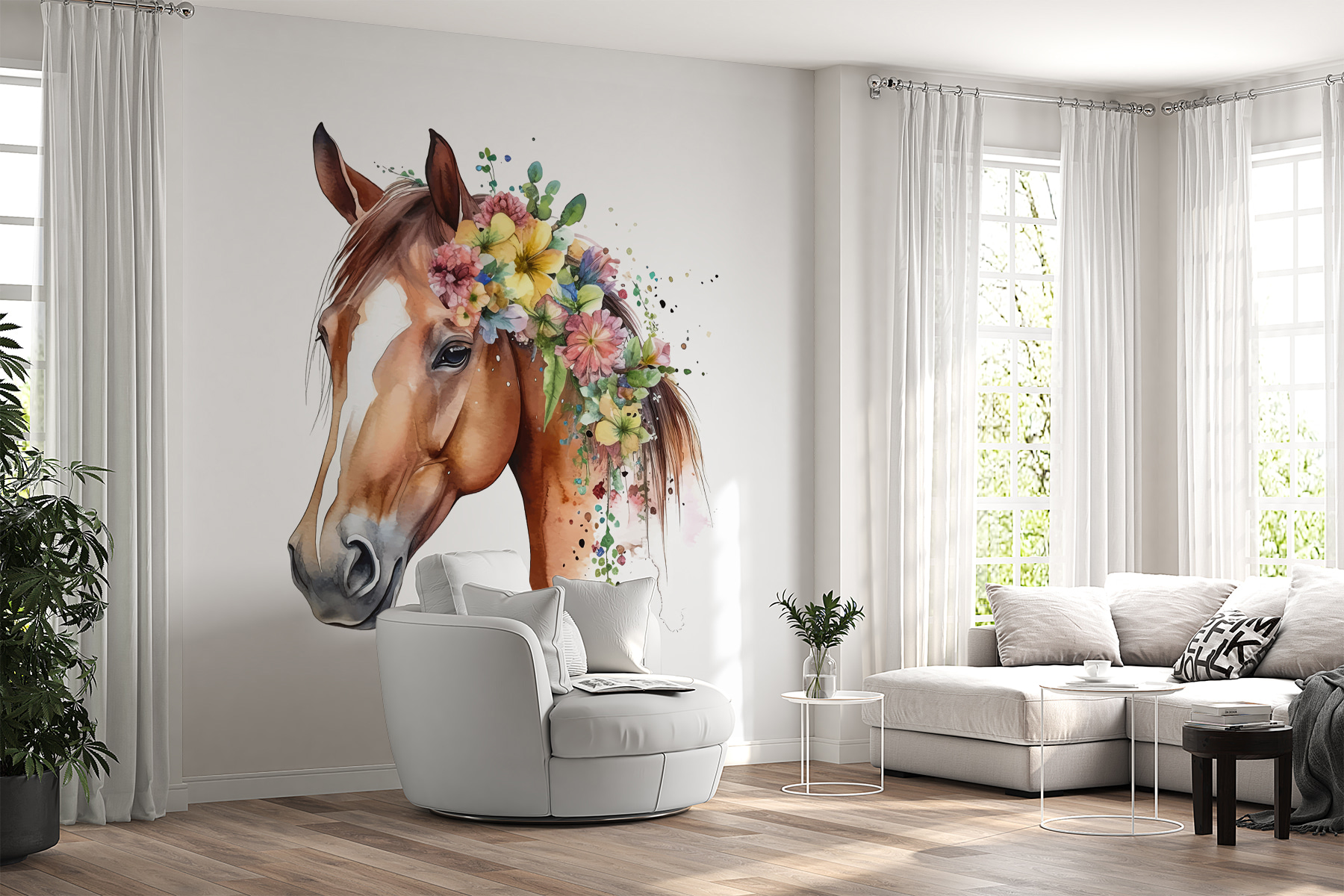Murales Caballo con flores en acuarela nr. u98192 - Uwalls