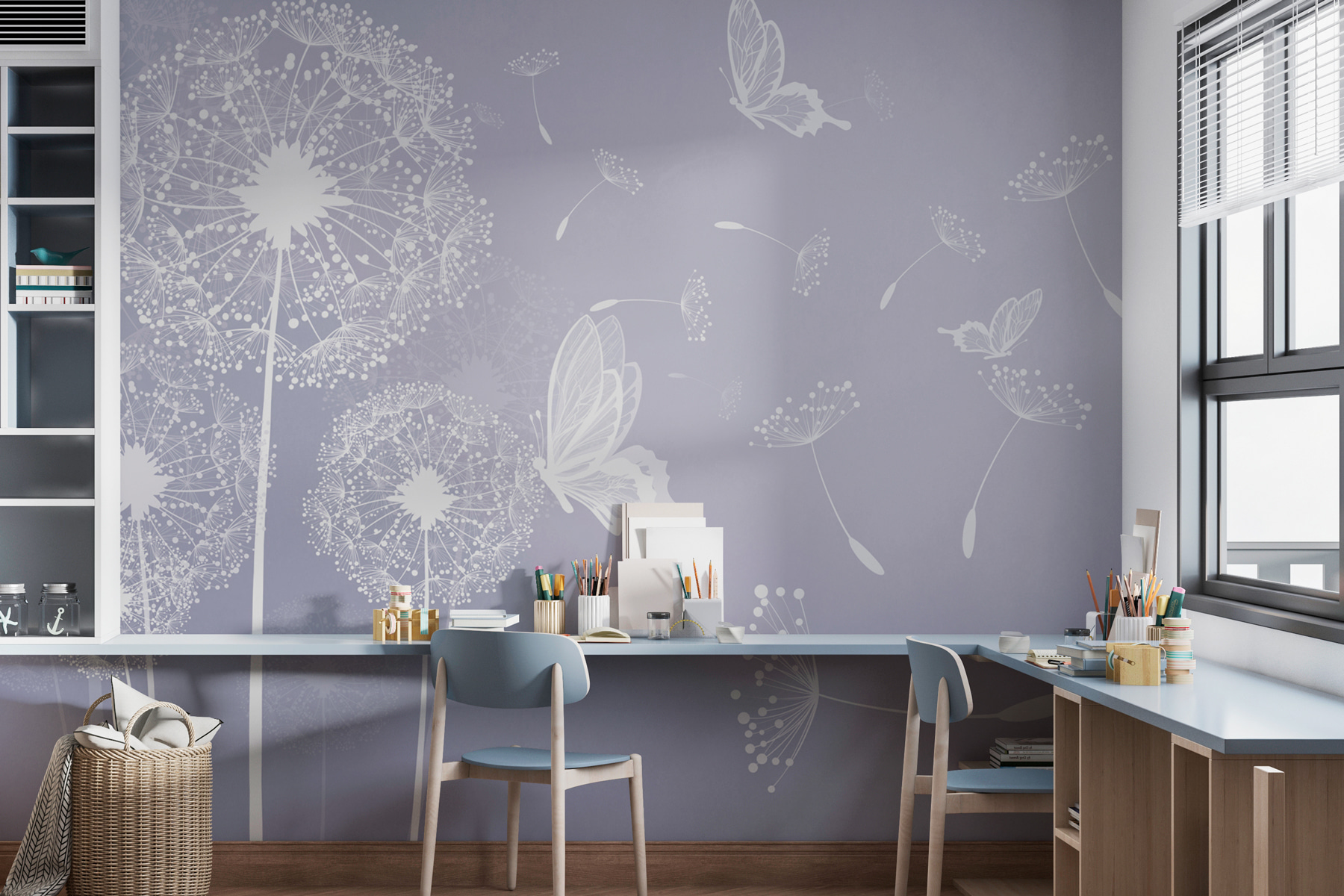 Wall mural Delicate dandelions with blue butterflies | Uwalls.com